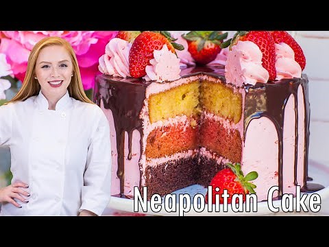 How to Make a Neapolitan Cake!! 3 Flavors in 1 Cake - Chocolate, Strawberry & Vanilla!!
