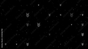 Template animation of evenly spaced astrological uranus symbols of different sizes and opacity. Animation of transparency and size. Seamless looped 4k animation on black background with stars
