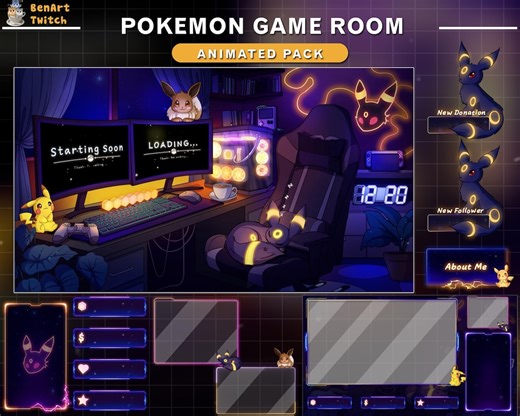 Animated Stream Package Cozy Pokemon Gaming Room Twitch Overlay With Pikachu, Eevee, Umbreon for Vtuber, Kick & Streamers - Etsy
