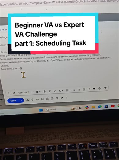 Beginner VA vs Expert VA Challenge: Scheduling Task. Both beginners and experts can manage a calendar. But how they do it? That’s where the difference shows. One just books calls. The other protects the client’s time, reduces burnout, and adds serious value. Watch the video to see the real difference between a beginner VA and an expert using a scheduling task/calendar management task as an example. And if you’re new to the VA world but ready to learn actual digital skills and how to use them lik