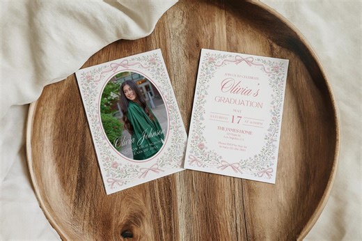 Graduation Invitation Template, Pastel Floral Senior Graduate Announcement, Pink Whimsical Vintage Photo Grad Party Invite Card Editable - Etsy