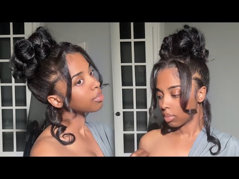 How to: Pin Curl Bun | Curly Bun | 90s inspired Updo Natural Hair Hairstyle | Silk press Hairstyles