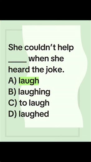 📘 Daily English Practice – Grammar: Gerunds after Expressions 📘 Question: She couldn’t help _____ when she heard the joke. A) laugh B) laughing C) to laugh D) laughed ✅ Correct Answer: B) laughing 💡 Explanation: After the expression “can’t (or couldn’t) help,” we always use a gerund (-ing form) of the verb. It means you can’t stop yourself from doing something. 📝 Examples: I couldn’t help crying when I saw the movie. She couldn’t help smiling at the cute baby. #englishplanet #dailyenglish #e
