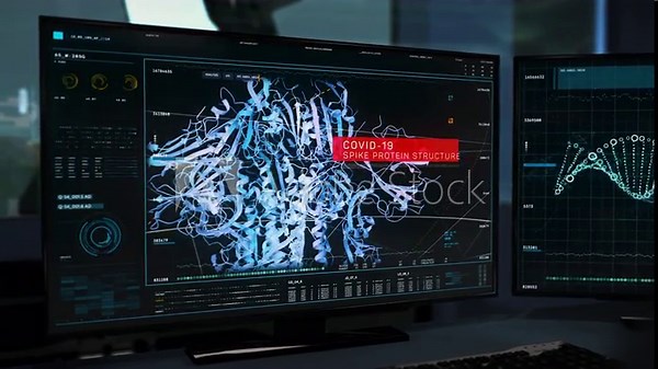 Inside a Research Laboratory. Using an Advanced Biomedical Software. Medical Data and Informations. Images Scan. Covid 19 Spike Protein Structure. Studying the cryo-electron microscopy Structure. UI