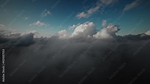 Sunset Aerial fpv view Real flight in the clouds first-person view from the cockpit. Cloud surfing in sunny weather. Aerial view flying through the clouds Stock Video