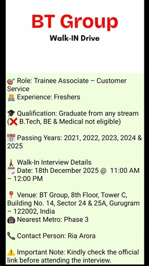 Vivek Durairaj on Instagram: "📢 BT Group – Walk-In Interview Notification BT Group has announced a walk-in interview for the role of Trainee Associate – Customer Service. Interested and eligible candidates are advised to verify all details through official sources before attending. 🔹 Job Details 🔸 Role: Trainee Associate – Customer Service 🔸 Experience: Freshers 🔸 Qualification: Graduate from any stream ❌ B.Tech, BE & Medical graduates are not eligible &#x