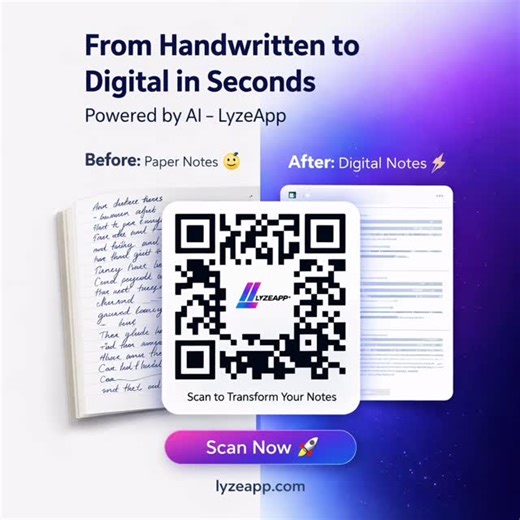 LyzeApp on Instagram: "Turn your handwritten notes into smart digital text with AI ✍️🤖 No more re-typing. Just scan, convert & organize in seconds. 👉 Scan the QR & try LyzeApp now 🌐 Visit: lyzeapp.com #LyzeApp #AIApp #DigitalNotes #EdTechIndia StartupIndia ProductivityTools StudySmart HandwrittenToDigital"