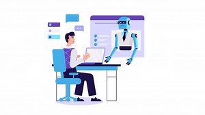 Man chatting with Robot animation. Chat bot, artificial intelligence, customer support concept