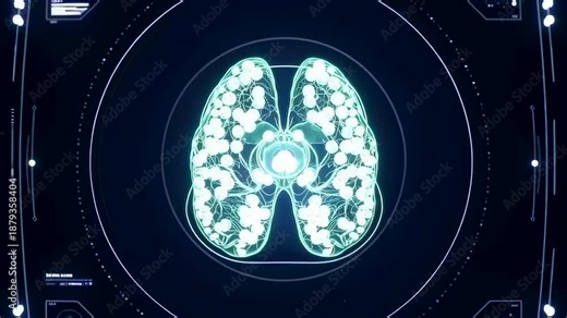 Brain crosssection glowing with neural activity nodes and circular HUD, multiple slices show white matter patterns for neurology diagnostics and MRIstyle analysis in research setting.