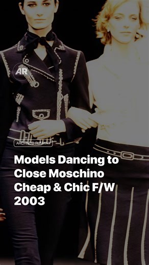 Archived Runway on Instagram: "Moschino has always leaned playful, and their Cheap & Chic Fall/Winter 2003 show kept that spirit alive. Instead of a traditional closing walk, the finale turned into a celebration, with Dewi Driegen, Raquel Zimmermann, and Eugenia Volodina dancing at the end of the runway, laughing and enjoying themselves. It was the kind of finale that showed how Moschino could make fashion feel more fun, encouraging models to let loose and show their personality. #moschino #supe