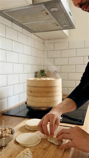 Woman hand making dim sum and dumpling at kitchen table, cooking food with bamboo steamer Vertical video
