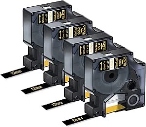NineLeaf 4 Pack Compatible for Dymo D1 45024 Label Tape 12mm 1/2 Inch Gold on Black Refills Labeler for LabelManager 160 280 360D PNP LabelWriter 450 Duo ColorPop 3M Label Maker