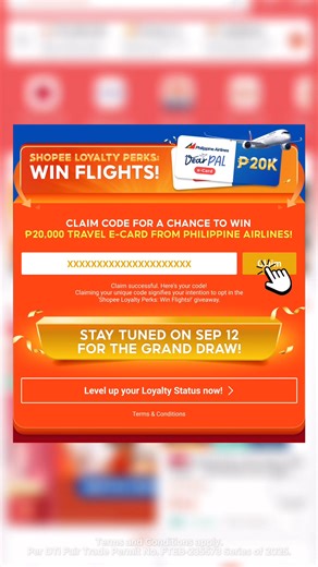 From Shopee check out to flight check-in? Possible yan, Bestie! ✈️ Last chance to shop this #ShopeePH99 and win a ₱20,000 Philippine Airlines e-Gift Card! Secure your raffle entry with these steps: ✔️ Check out from Sept 1–10 to level up on Shopee Loyalty ✔️ Reach Silver, Gold, or Platinum to unlock your unique code ✔️ Save your code and wait for the draw on Sept 12 JOIN NOW: https://s.shopee.ph/7fQ5bRO7UH #ShopeePH #ShopeeLoyalty #SiguradoSaShopeeMall | Shopee