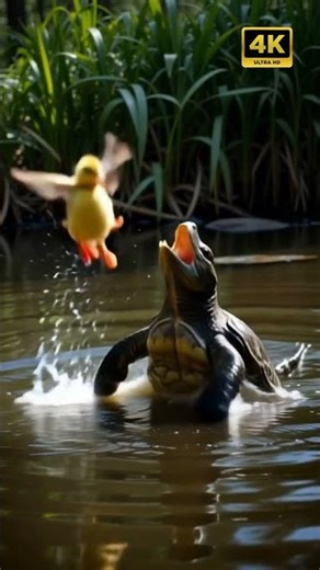 Duckling's Close Call: Snapping Turtle Attack in Murky Pond! | #WildlifeEncounters