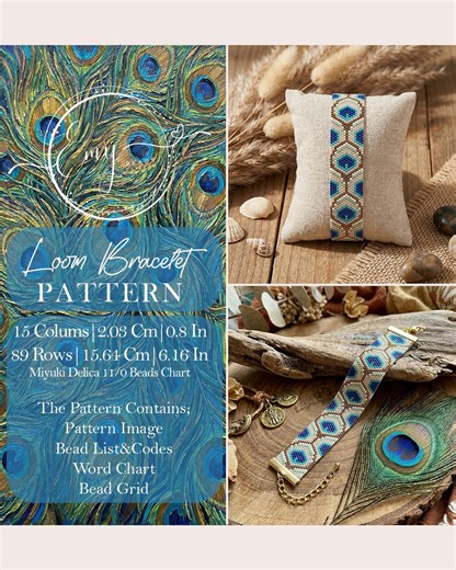 Peacock Feather Bead Peyote Pattern, Blue Boho Bracelet Design - Etsy