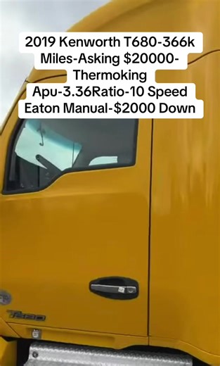 2019 Kenworth T680 72” mid-roof sleeper powered by a Cummins X15 450HP with a 10-speed Eaton manual. 366k miles, 3.36 ratio, Jake brakes, Thermo King APU, and tanker setup with heat exchanger & air compressor. Runs clean with no check engine lights — solid, work-ready truck. #Kenworth #SemiTruck #OwnerOperator #DieselTruck #Fyp
