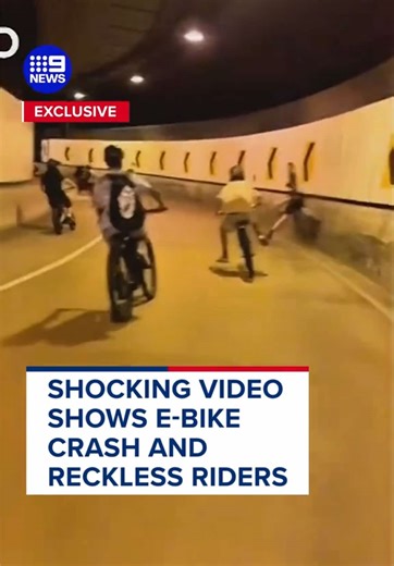 Shocking footage shows the moment a young E-bike rider crashes while riding with other thrill seekers - the group filming themselves taking over Brisbane roads and almost hitting pedestrians. #ebike #news #9News