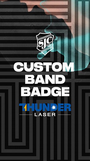 9.3K views · 119 reactions | Add a custom badge with your band logo to your next order!! This one is for @sumoband in one of our most popular badge colors, black and gray! Perfectly clean lines like this logo are made possible by @thunderlaserusa ⚡️ | SJC Custom Drums | Facebook