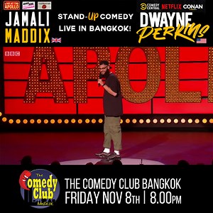 BANGKOK! Nov 8th, get ready for a night of non-stop laughs with two comedy legends: JAMALI MADDIX (Live At The Apollo) & DWAYNE PERKINS (Netflix) at The Comedy Club Bangkok! Join us for the return of stand-up comedy with DWAYNE PERKINS, as seen on NETFLIX, COMEDY CENTRAL, CONAN and DRY BAR - along with one of the UK’s hottest comics JAMALI MADDIX as seen on TASKMASTER, NEVER MIND THE BUZZCOCKS, LIVE AT THE APOLLO and THE LATE LATE SHOW WITH JAMES CORDEN! Limited Early Bird Tickets ฿600 at Comedy