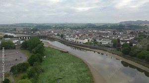 Barnstaple overview river flight Devon UK. Aerial view using a drone.