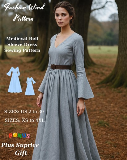 Light Blue Medieval Bell Sleeve Dress: Renaissance Gown Sewing Pattern (PDF Pattern, XS-4XL) - Etsy