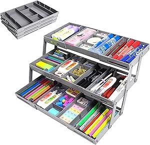 3 Tierr - Expandable Junk - Small - Multi Level Folding Smart for Makeup, Jewelry, Desk, Office Drawers(1 Row 3 Tier-Grey）