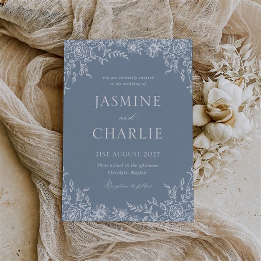Dusty Blue Floral Wedding Invitation Template, Minimalist Toile Wedding Invite, Vintage Classic Printable Invitation Card, Digital Download - Etsy