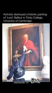 859K views · 3.9K reactions | Earlier this year on on March 8, 2024, activists from Palestine Action vandalized the historic painting “Lord Balfour” by Philip Alexius de László at Cambridge’s Trinity College, protesting the Balfour Declaration. They sprayed red paint and slashed it. The incident, symbolizing opposition to the declaration, was widely reported with no arrests made. | Historyinmemes | Facebook