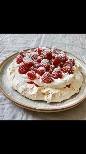 Mary Berry's Raspberry Pavlova • 3 large egg whites • 3/4 cup (175g) superfine sugar • 1 teaspoon white vinegar • 1 teaspoon cornstarch • 1 cup (225g) fresh raspberries • 1 1/4 cups (300ml) heavy cream, whipped • Confectioners’ sugar, for dusting 1. Preheat the oven to 325°F (275°F for convection). Line a baking sheet with nonstick or silicone paper and mark an 8-inch (20 cm) circle as a guide. 2. In a clean mixing bowl, beat the egg whites on high speed until soft peaks form. 3. Gradually add t