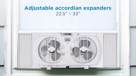 BLACK+DECKER 9" Dual Window Fan with 2 Speed Settings, Twin Fan Heads with Mechanical Dial Control, Removable Legs, For Sliding Windows up to 33” W with Accordion Expanders, BFW9MB, Black