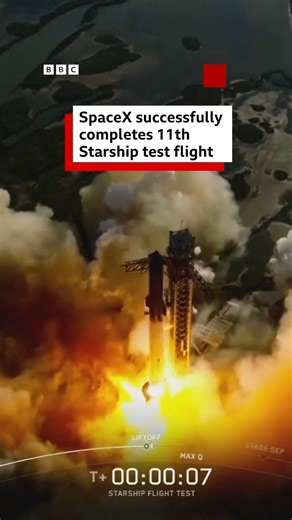 SpaceX launched its 11th Starship test flight on Monday to assess the giant rocket's reusable design. The rocket launched from Starbase, Texas, and flew for more than an hour before successfully splash landing into the Indian Ocean. The rocket's last test flight in August ended Starship's streak of testing failures. Elon Musk, who owns SpaceX, intends for the rocket to eventually be used for taking humans to the moon and Mars. | BBC News India