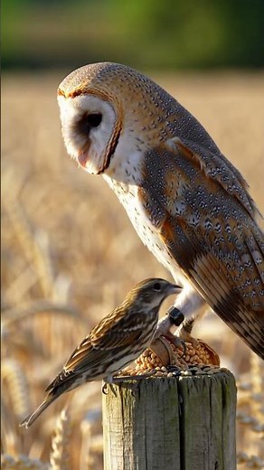 This big predator has a soft spot for a little pecker 👀 #owl