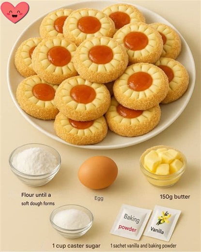 **Jam-Filled Butter Cookies (Thumbprint Sandwich–Style)** 🌼🍪 Soft, buttery cookies with a creamy ring and glossy jam center—exactly like the picture. Here’s a **clear, reliable recipe** you can make at home. --- ## 🌼 **Jam Butter Cookies Recipe** ### **Ingredients** * 150 g unsalted butter (soft) * 1 cup caster sugar * 1 egg * 1 tsp vanilla essence * 1 tsp baking powder * 2½–3 cups all-purpose flour (as needed for soft dough) * Any thick jam (apricot, mango, strawberry) * Milk or white chocol