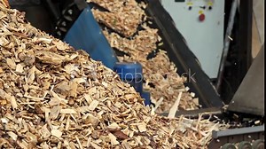 Close-up of a machine for chopping wood into sawdust. Wood processing machine. Pulp and paper production. Processing of wood waste into chips. Biofuel production