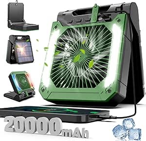 Rechargeable Camping Fan Battery Operated Powered Fan Portable, 90° Foldable Personal USB Desk Fan with Oil Port/Timer/LED Light/Hanging Hook, Solar Panel Fan Table For Camp Power Outage（20000mAh）
