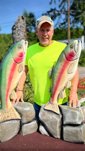 Bill Schaudt on Instagram: "Watch as two rainbow trout take shape in this time-lapse chainsaw carving project. From the first rough cuts to the final layers of bright paint, you’ll see the full process of creating colorful fish sculptures with lively detail. Perfect for chainsaw carvers, woodworkers, and anyone who enjoys rustic art, this video shows how raw wood is transformed into eye-catching trout carvings. For more, be sure to subscribe to Bill on YouTube, and follow on FB and Insta: https: