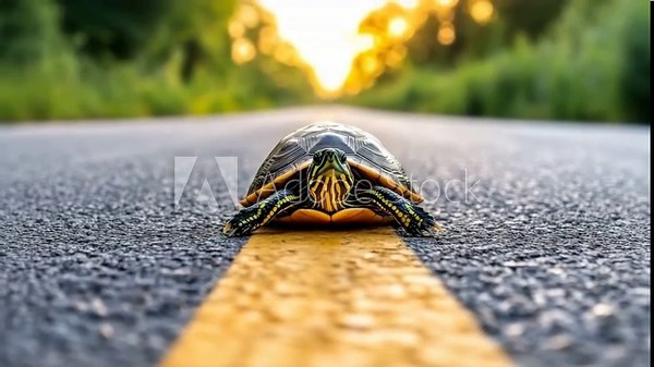 Turtle crossing a rural road during sunset, showcasing nature's beauty and the need for wildlife awareness