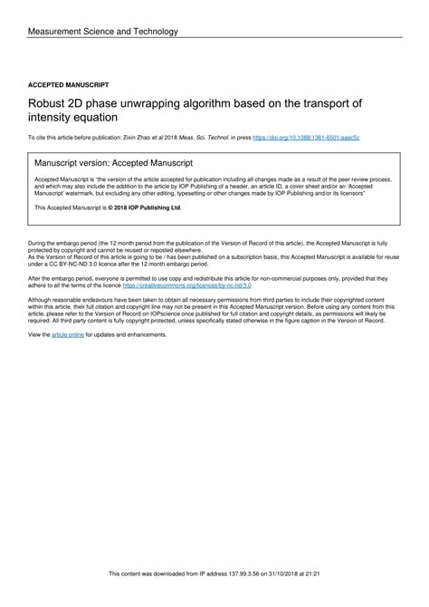 pdf robust 2d phase unwrapping algorithm based on the transport of intensity equation