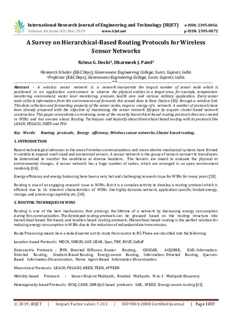 pdf a survey on hierarchical based routing protocols for wireless sensor networks irjet