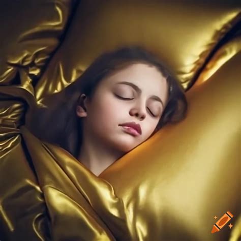 A Sleeping Girl Against Gold Satin Pillows On Craiyon
