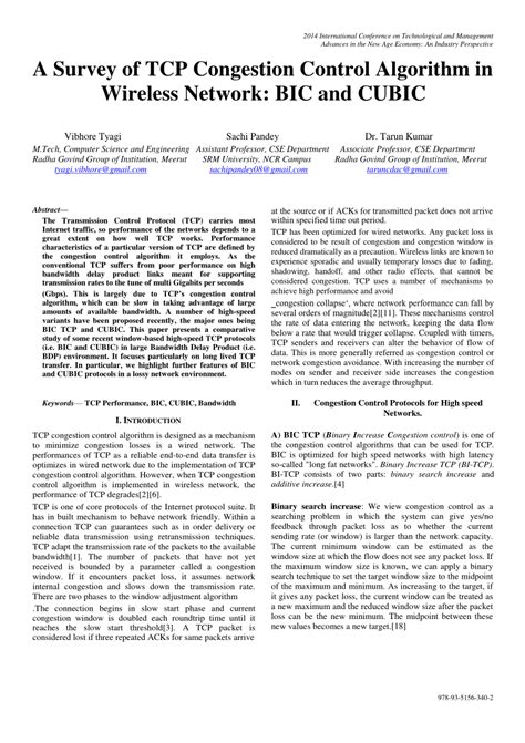 pdf a survey of tcp congestion control algorithm in wireless network bic and cubic