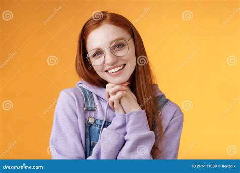 Tender Romantic Lovely Redhead Girlfriend Leaning Palms Tilting Head Cute Flirty Giggling