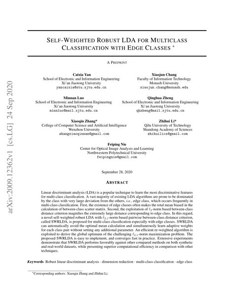 pdf self weighted robust lda for multiclass classification with edge classes