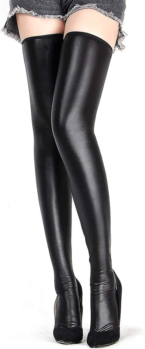 Ohyeah Women Faux Leather Stockings Sexy Night Wear Thigh High Clubwear Hold Ups Stockings For