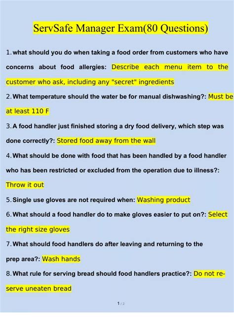 ServSafe Manager Exam 80 Questions Questions With 100 Correct
