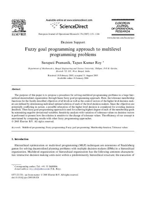 pdf fuzzy goal programming approach to multilevel programming problems tapan roy