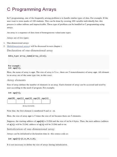 c programming 1d arrays pdf array data structure integer computer science