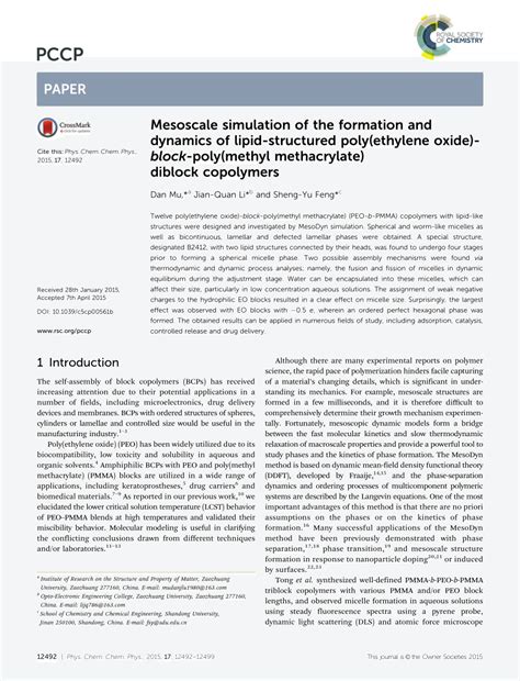 pdf mesoscale simulation of the formation and dynamics of lipid structured poly ethylene oxide