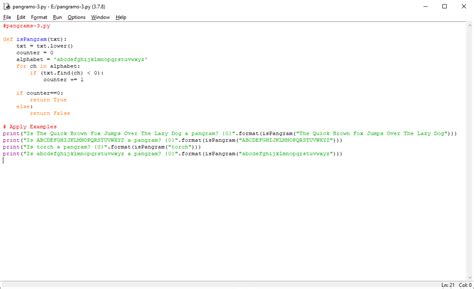 python code for pangrams using strings and the find method conversion of text to lower case