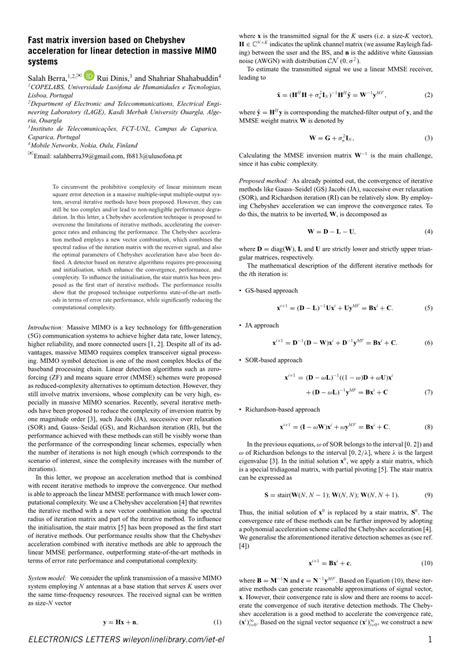 pdf fast matrix inversion based on chebyshev acceleration for linear detection in massive mimo